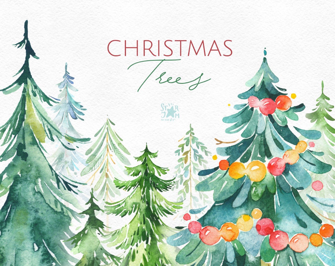 Christmas Trees 2. 16 Watercolor Holiday Clipart, Winter, Vintage, Pine ...