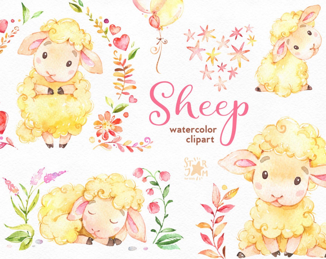 Sheep. Watercolor Clip Art, Characters, Cute, Heart, Floral, Animal ...