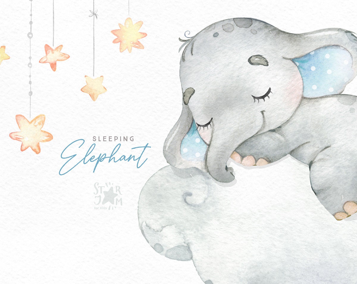 Sleeping Elephant. Babyboy. Watercolor Little Animal Clipart | Etsy UK