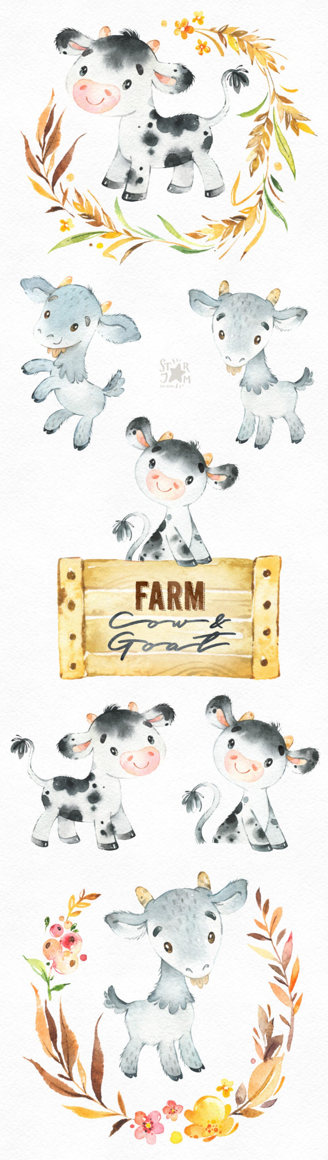 Farm. Cow & Goat. Watercolor Country Clipart Calf Little - Etsy