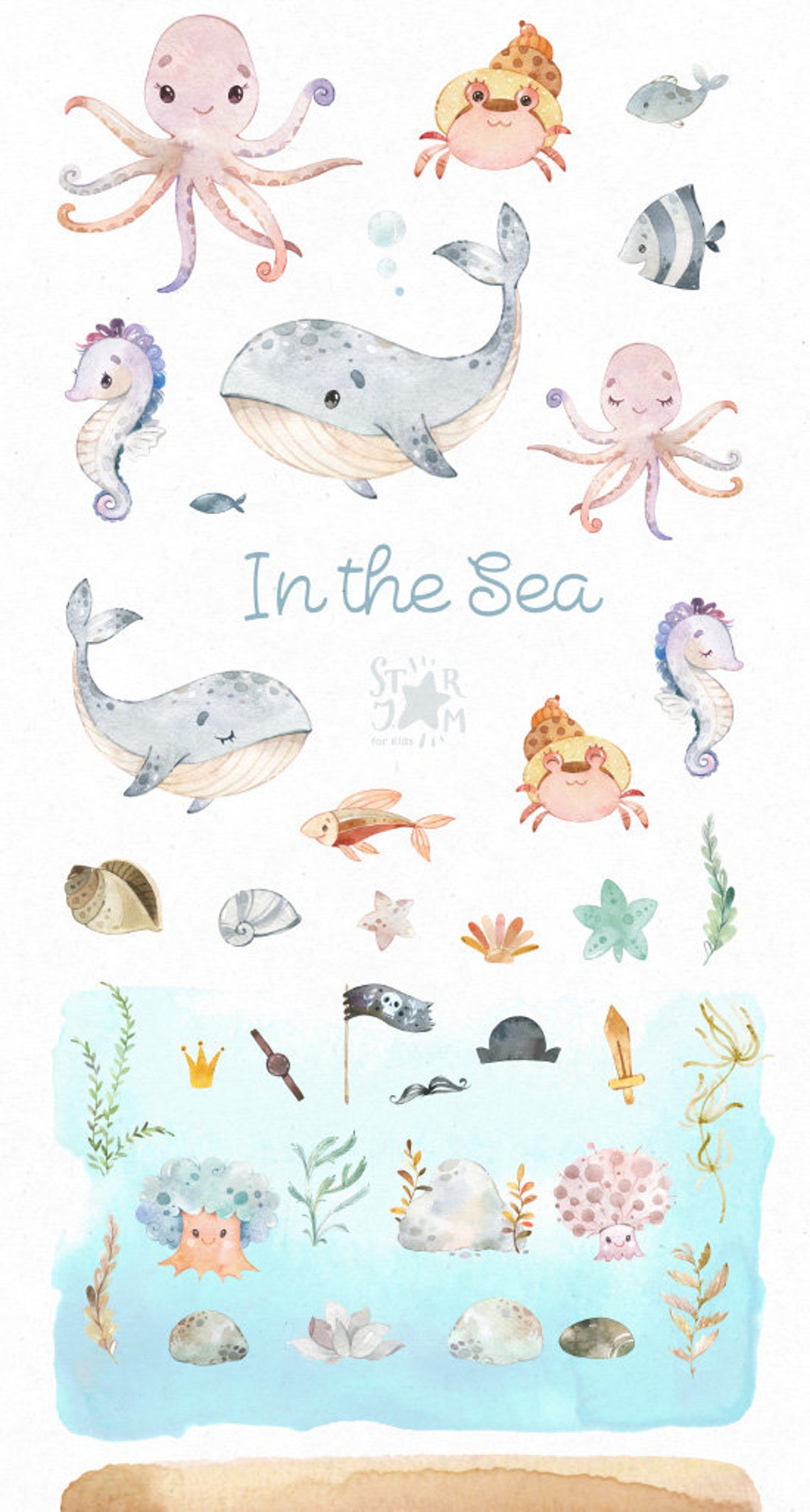 In the Sea. Watercolor Clipart Octopus Whale Underwater - Etsy