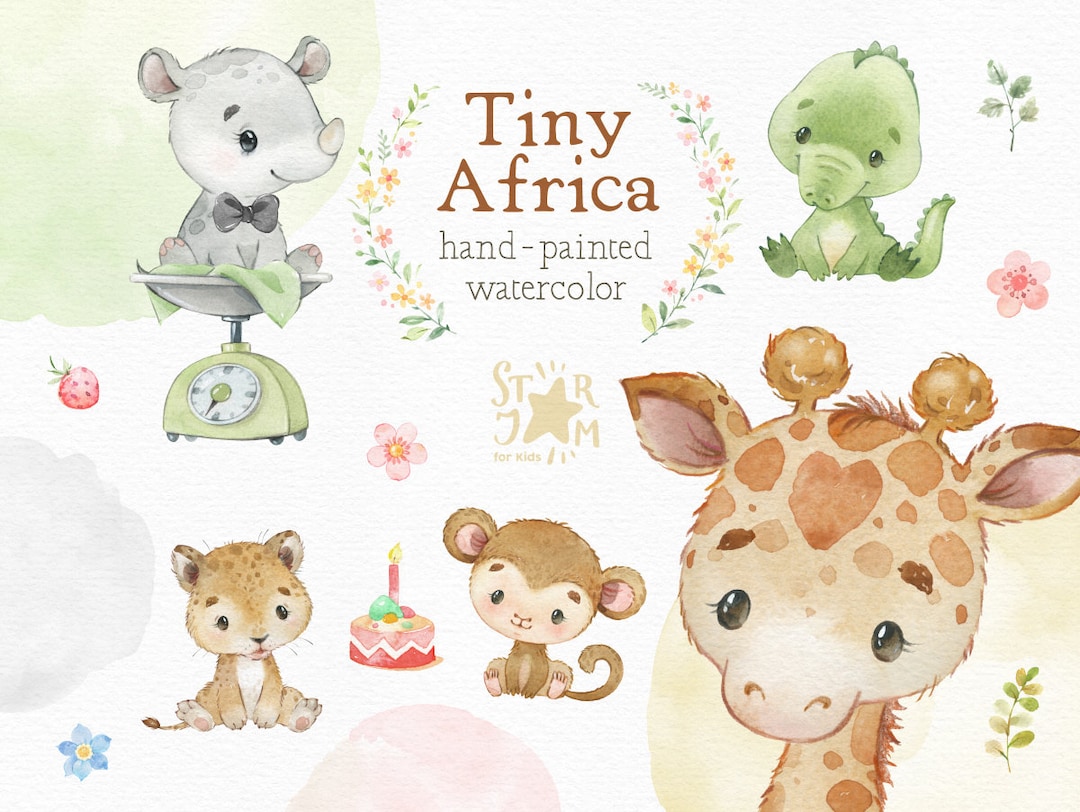 Tiny Africa. Cute Animals Watercolor Clipart, Baby-born Giraffe, Rhino ...
