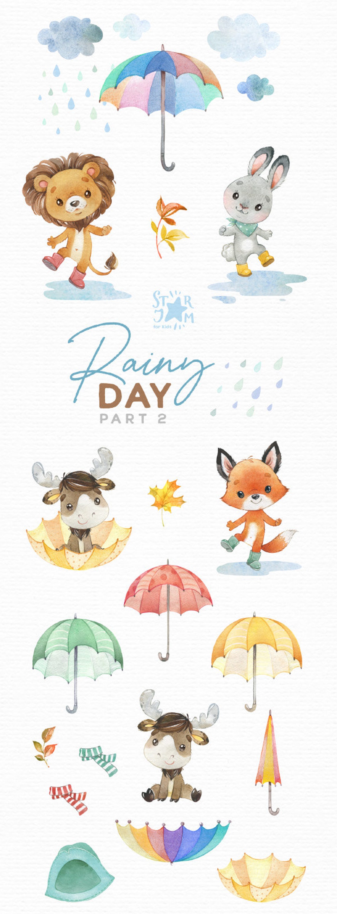 Rainy Day 2. Watercolor Baby Animals Clipart Lion Rabbit - Etsy