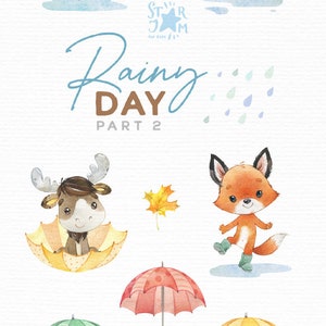 Rainy Day 2. Watercolor Baby Animals Clipart, Lion, Rabbit, Fox, Moose ...