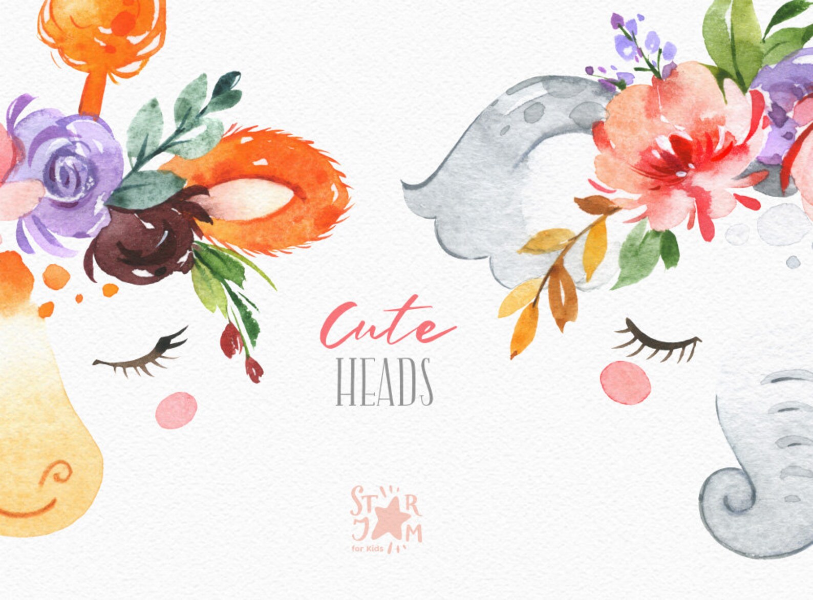 Cute Heads. Watercolor Clipart Mask Elephant Giraffe | Etsy