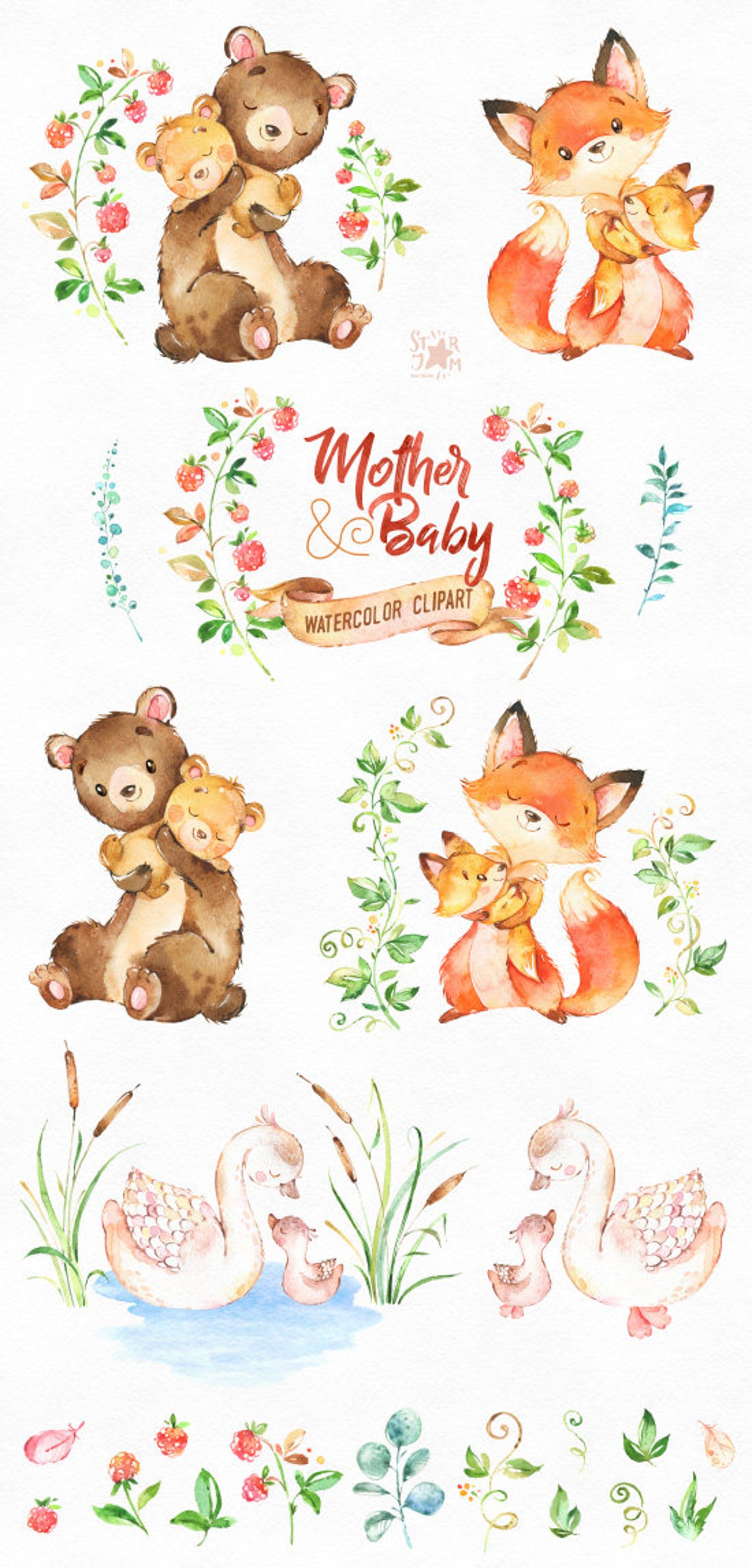 Mother & Baby. Watercolor Animals Clipart Fox Bear Swan - Etsy