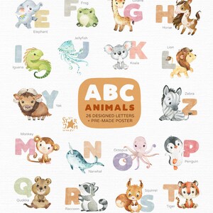 ABC Animals. Watercolor Clipart, Alphabet, Letters, a to Z Card, Abc ...