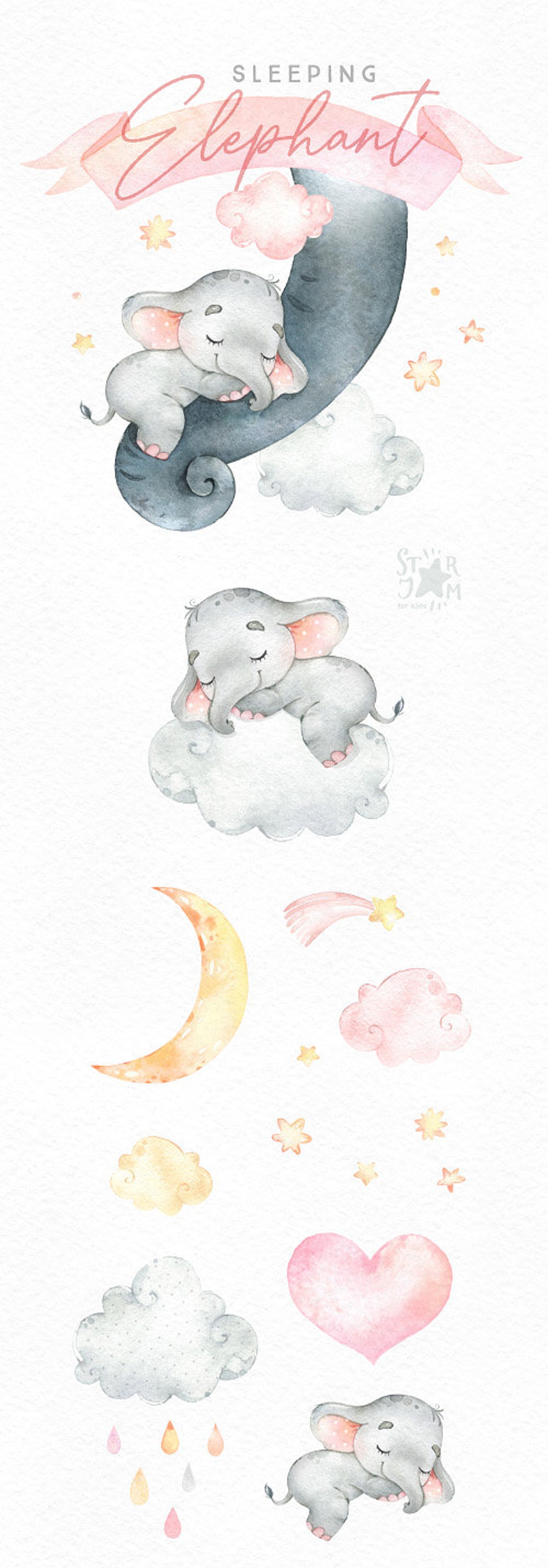 Sleeping Elephant. Babygirl. Watercolor Little Animal Clipart, Stars ...