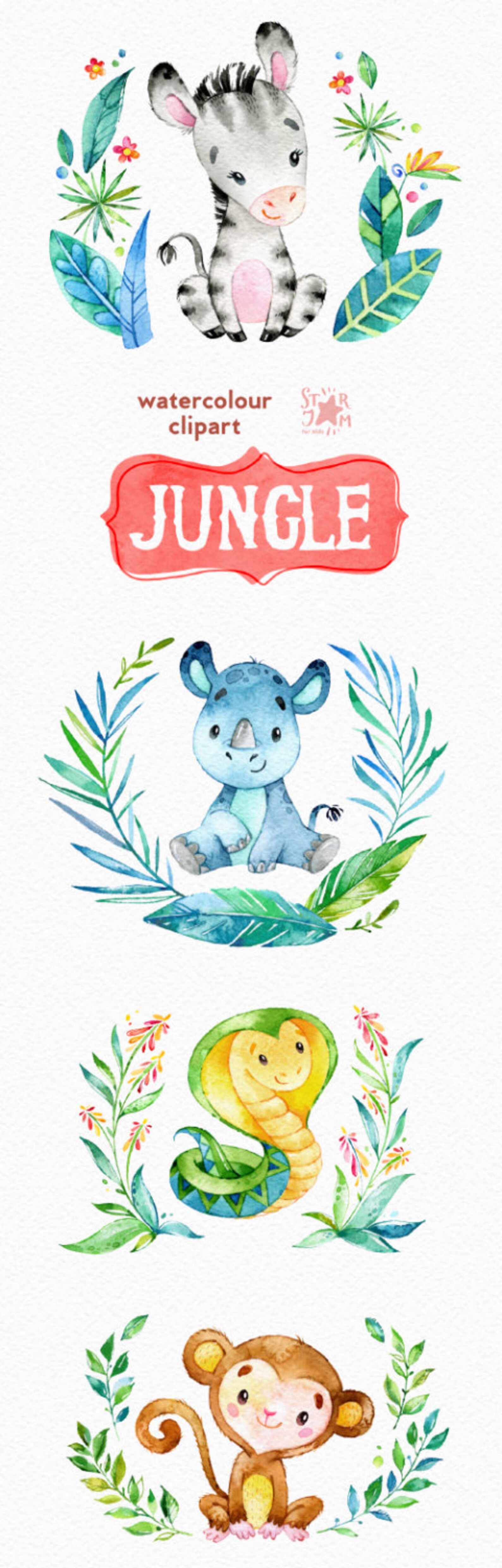 Jungle. Watercolor Animals Clipart Zebra Rhino Snake - Etsy