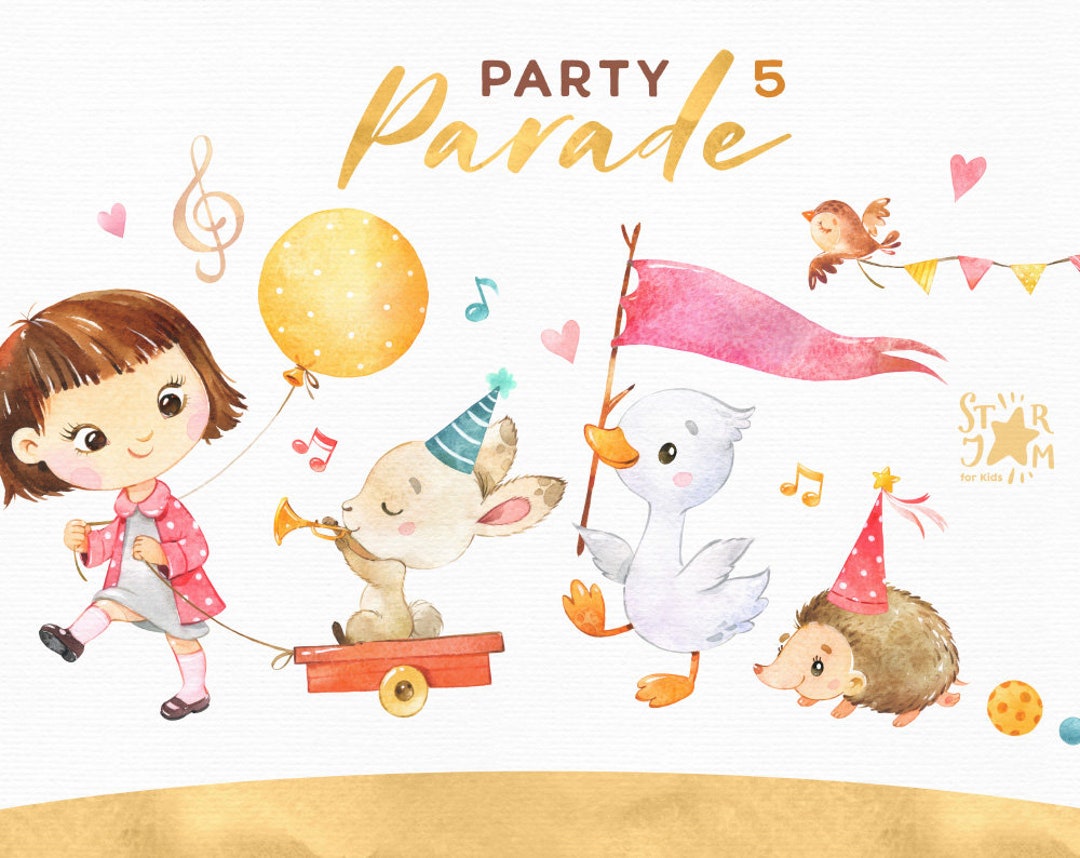 Party Parade 5. Watercolor Clipart, Girl, Animals, Hedgehog, Goose ...
