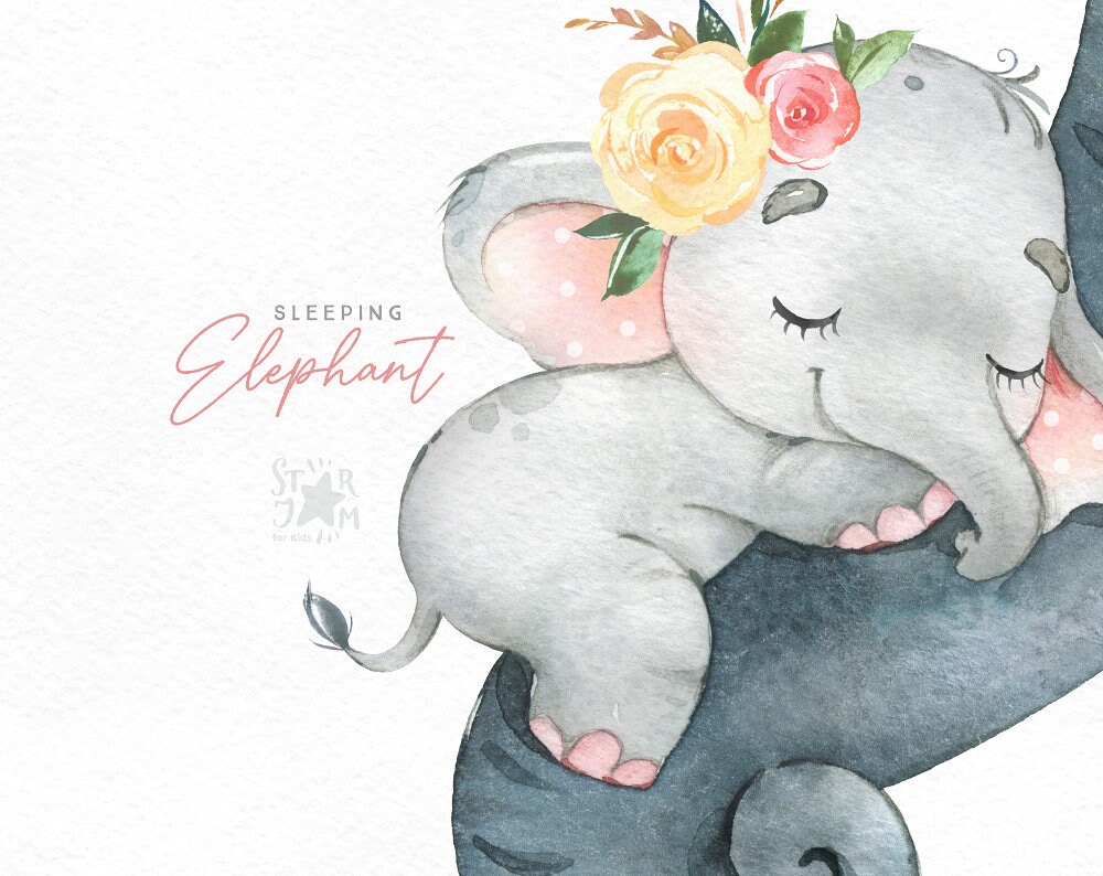 Sleeping Elephant. Babygirl. Watercolor Little Animal Clipart, Stars ...