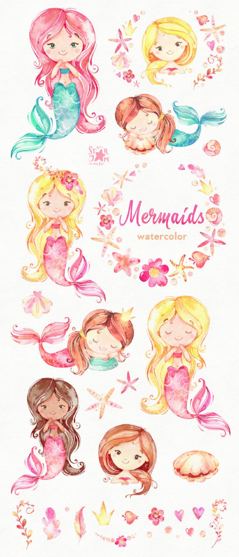 Mermaids. Watercolor Clipart Sea Girls Magic Fairytale - Etsy