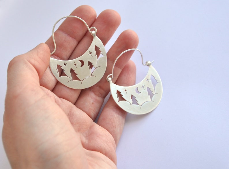 Silver forest earrings Wilderness jewelry Outdoors gift Pine | Etsy