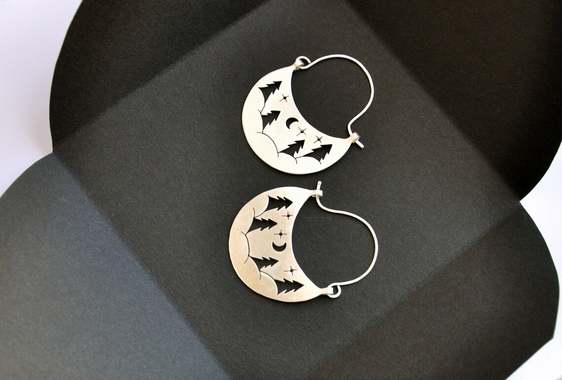Silver forest earrings Wilderness jewelry Outdoors gift Pine | Etsy