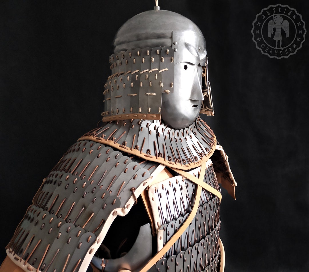 Full Set. Mongol/ Jurchen Lamellar + Helmet + Face Protection + Vambraces + Collar + Aventail ...