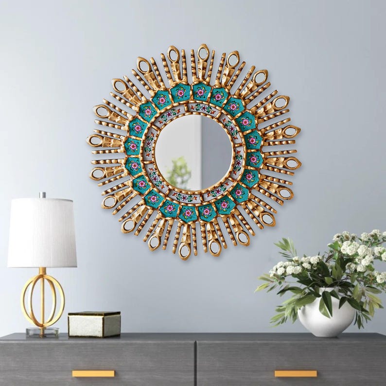 Handmade Peruvian Gold Sunburst Mirror - Round Wall Mirror With Hand ...