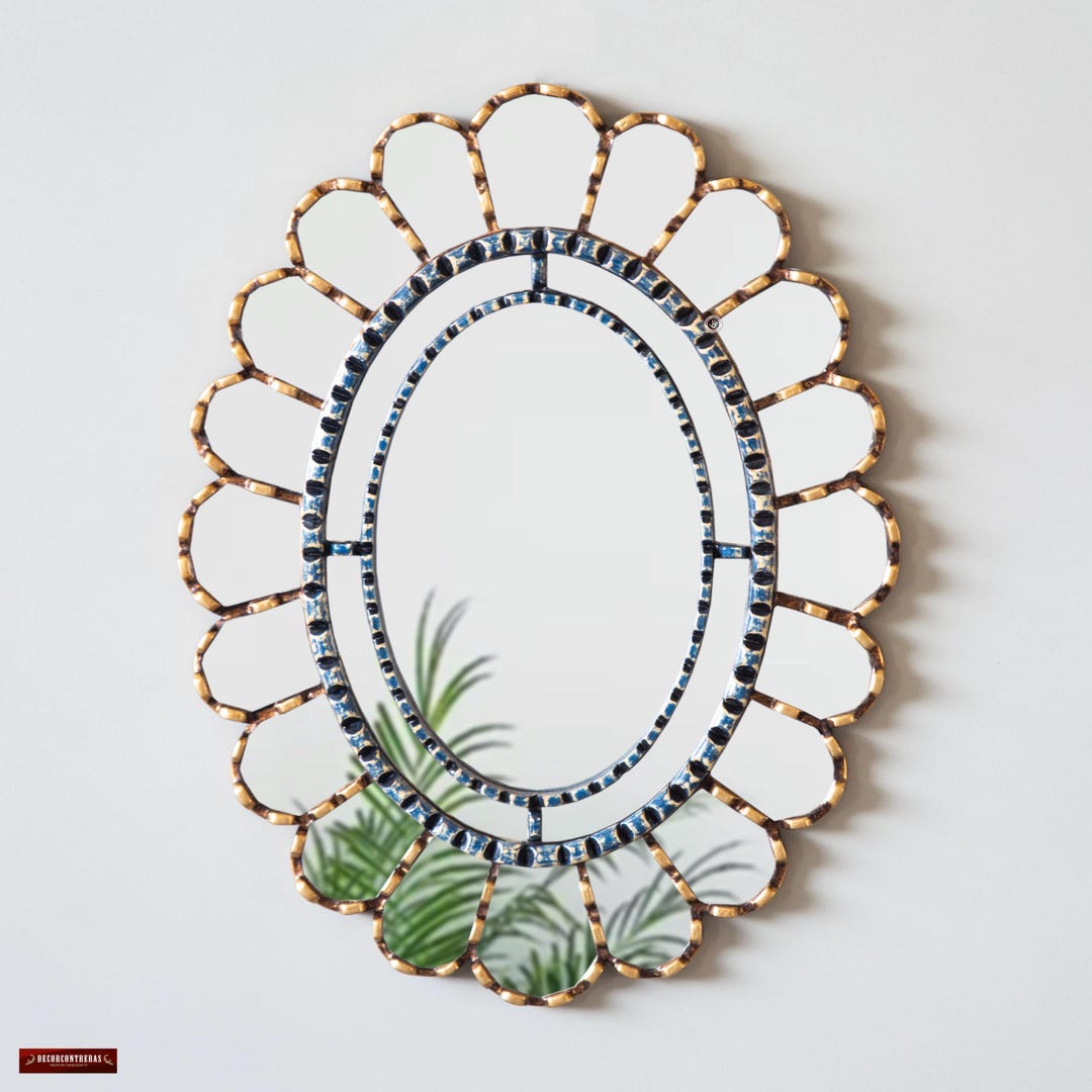 Handmade Oval Wall Mirror From Peru | Gold Leaf Frame & Blue Detail ...