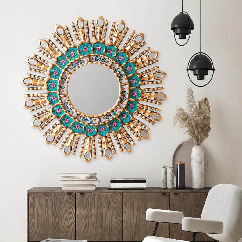 Handmade Peruvian Gold Sunburst Mirror - Round Wall Mirror With Hand ...