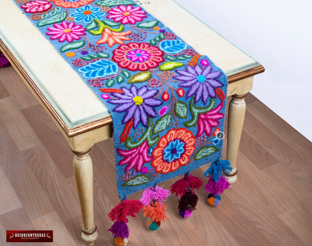 Embroidered Floral Home Design Wool Table Runner With Tassels Handmade ...