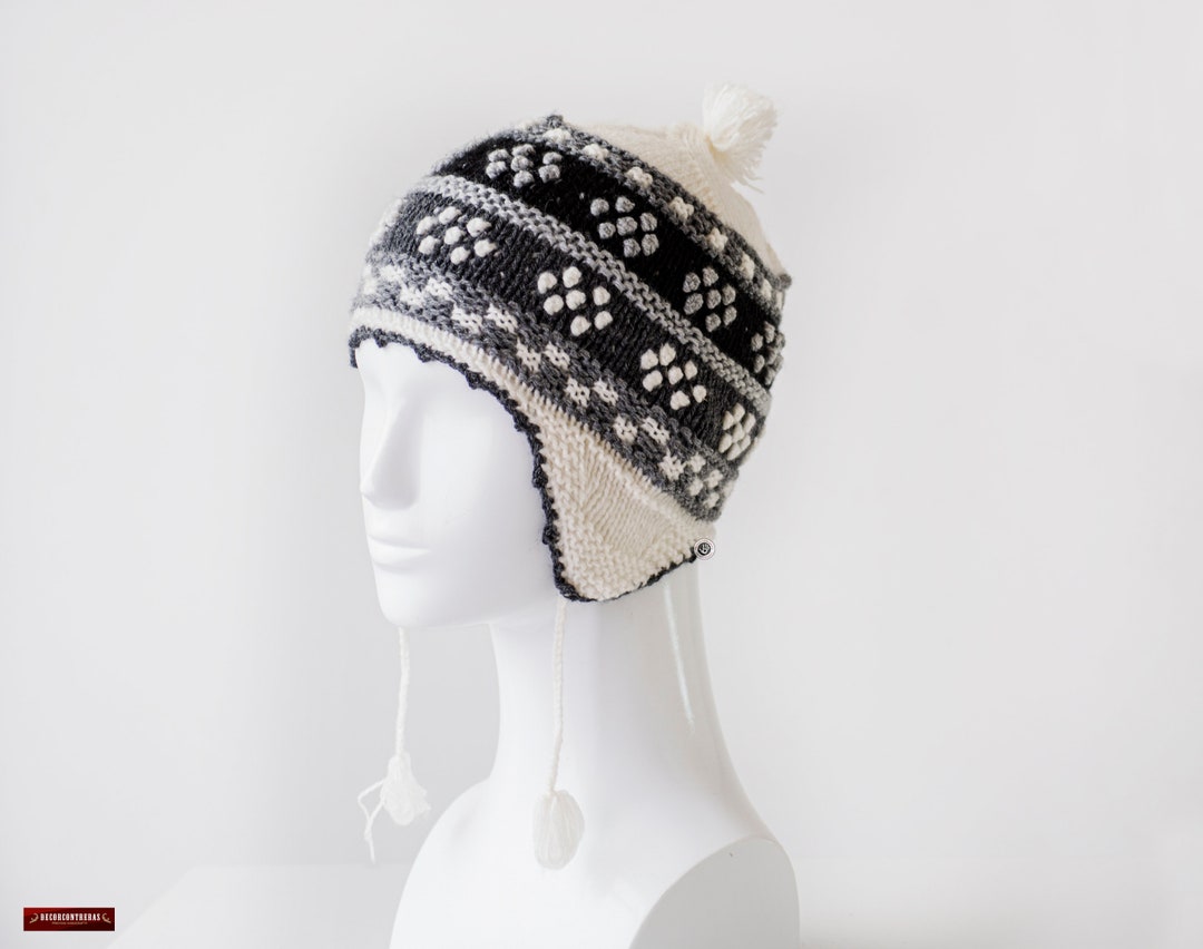 Peruvian White Alpaca Hat "chullo" With Earflaps | Winter 100% Alpaca ...