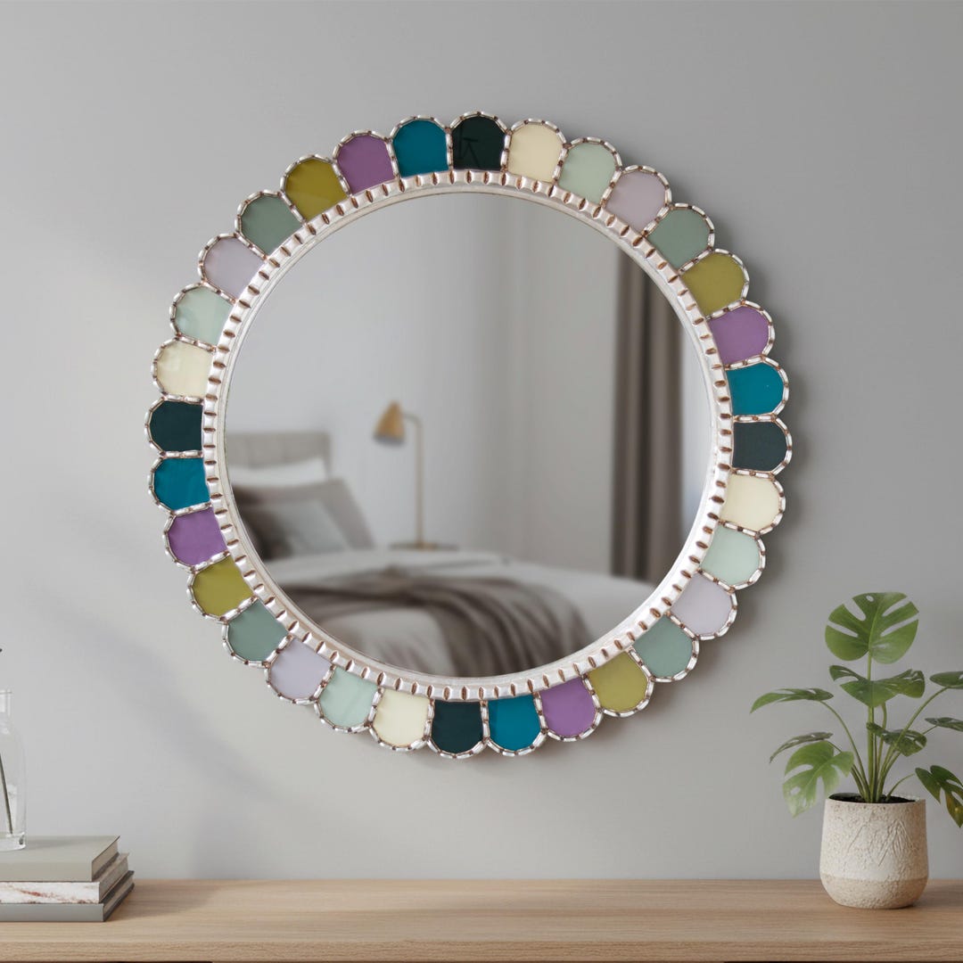 Large Round Silver Mirror 23.6”- Peruvian Hand-painted Glass Mirrors ...