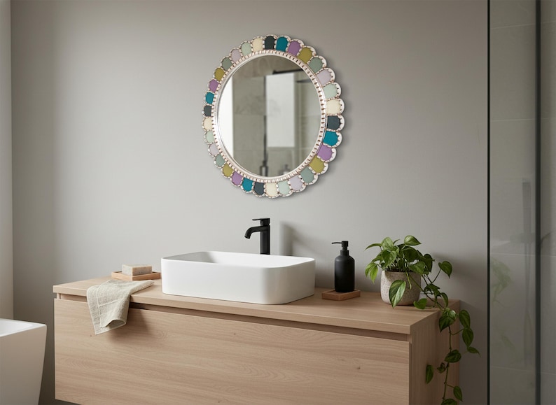 Large Round Silver Mirror 23.6”- Peruvian Hand-painted Glass Mirrors ...