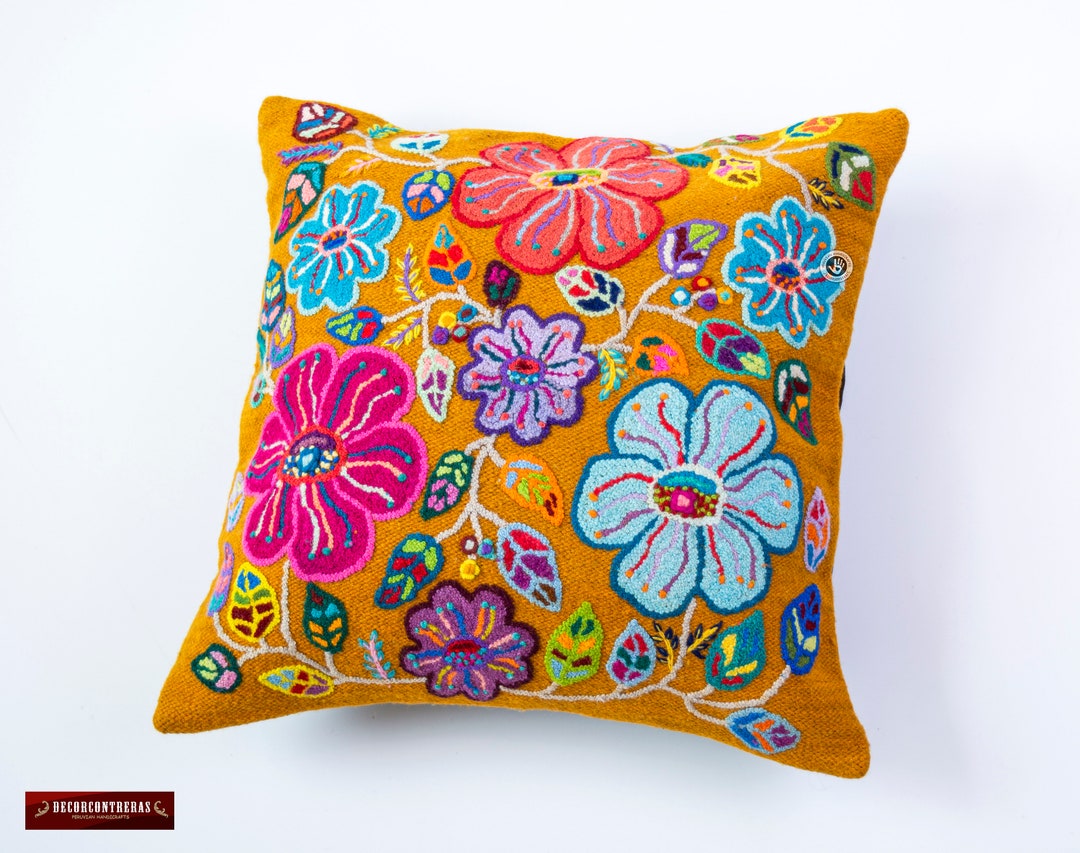 Peruvian Pillow Cover 18x18" Handmade - Embroidered Wool Pillow Cover ...