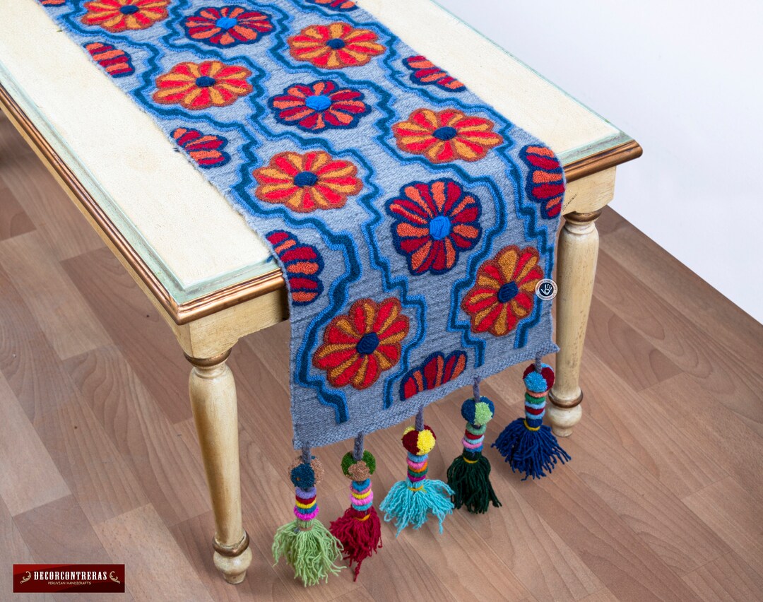 Peruvian Floral Home Design Wool Table Runner With Tassels Handmade ...