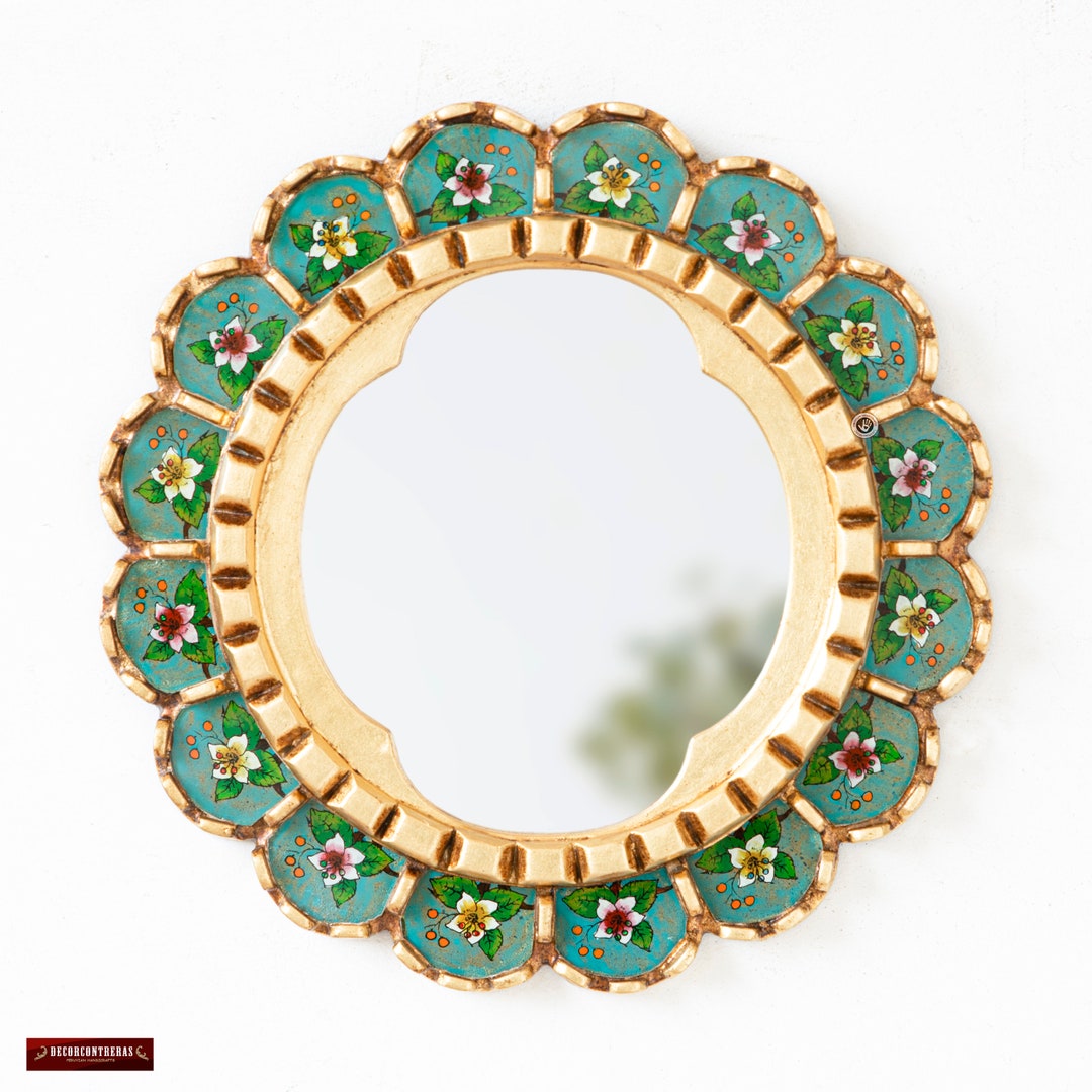 Decorative Turquoise Mirror 12.2" for Wall Decor | Peruvian Painting on ...
