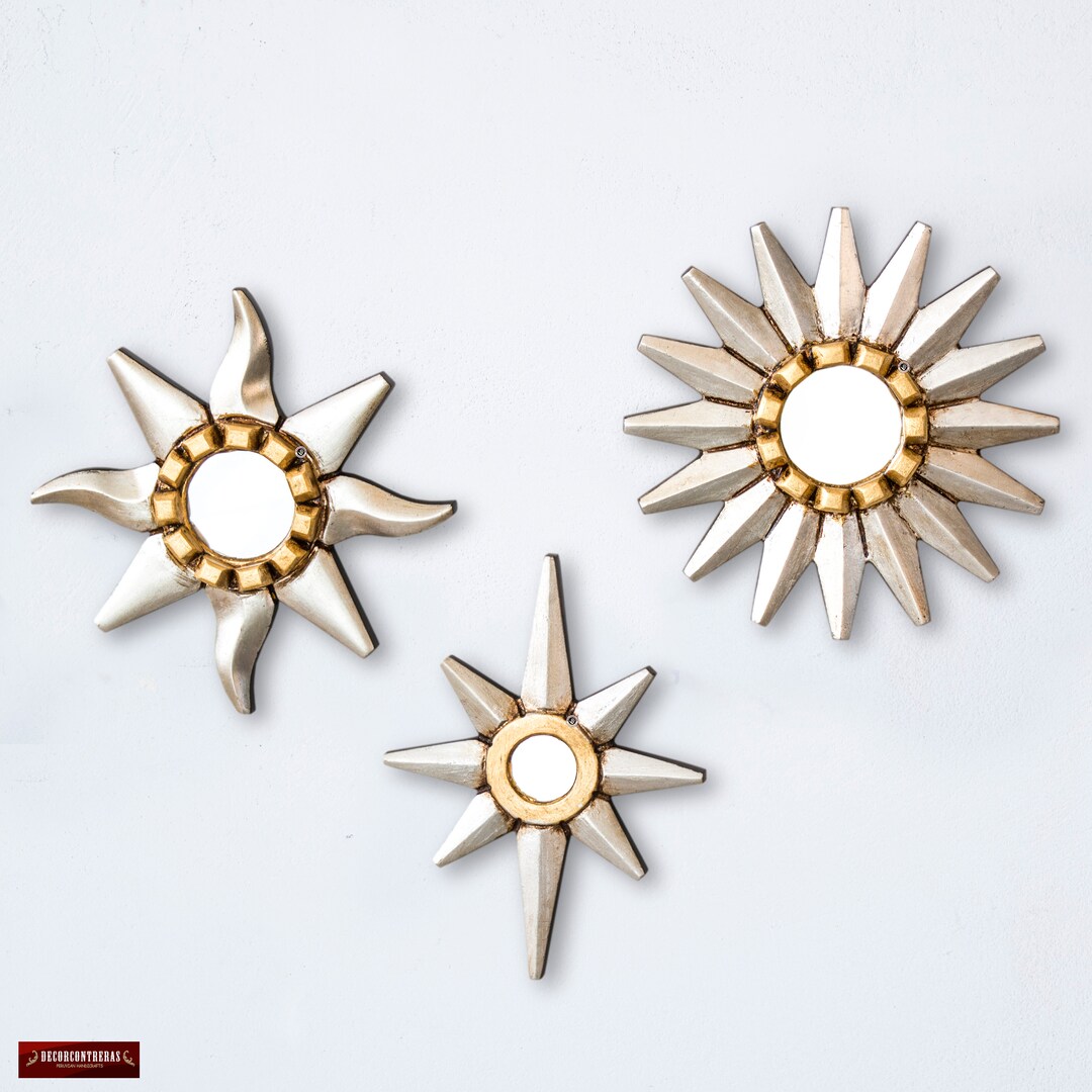 Peruvian Silver Sunburst Mirror Set 3 for Wall Home Decor - Wood Sun ...