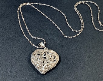 925 Sterling Silver Filigree Art Heart Pendant Necklace, Solid Silver ...