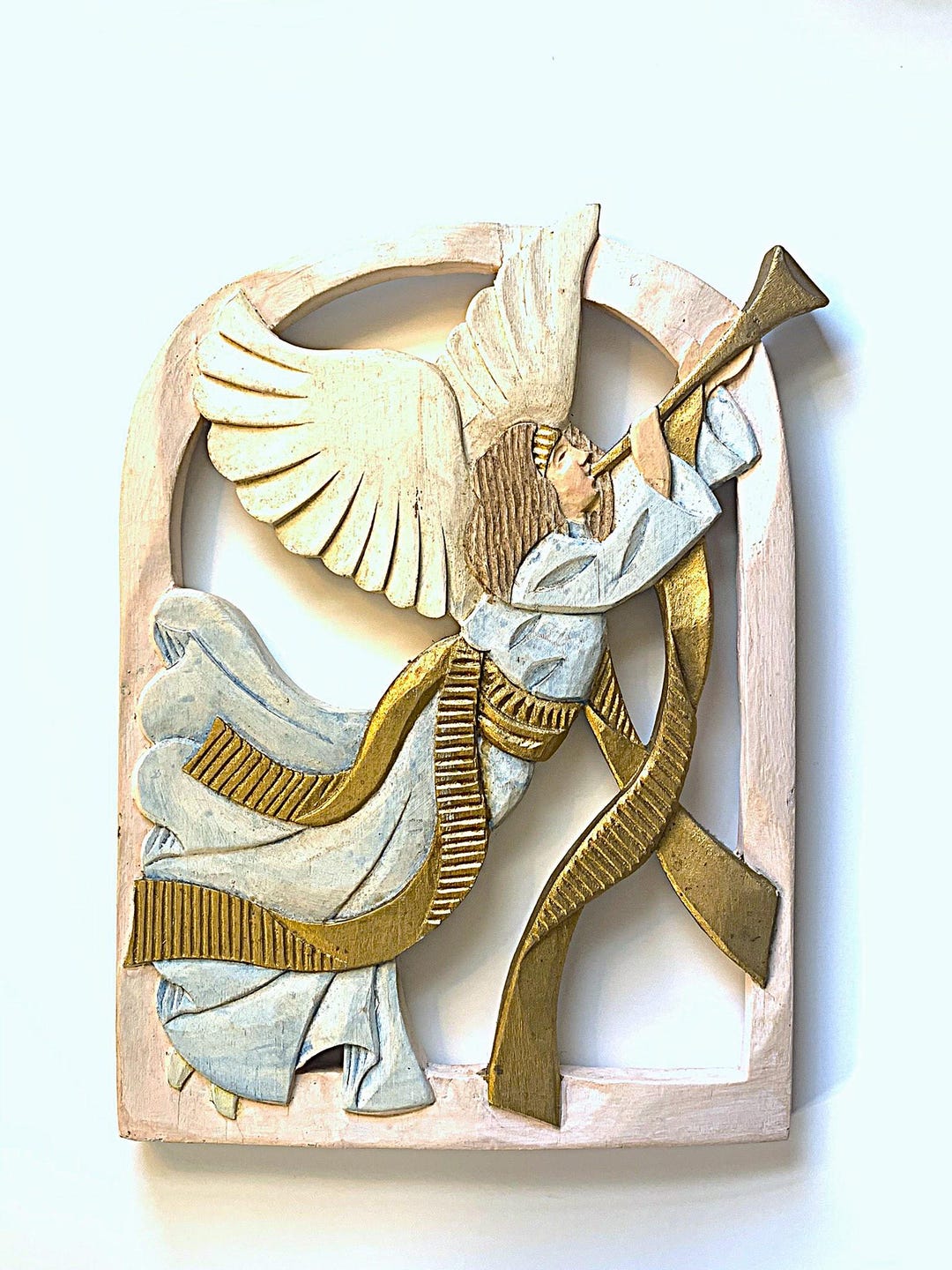 Wood Hand Carved Angel With Trumpet Wall Plaque - Etsy