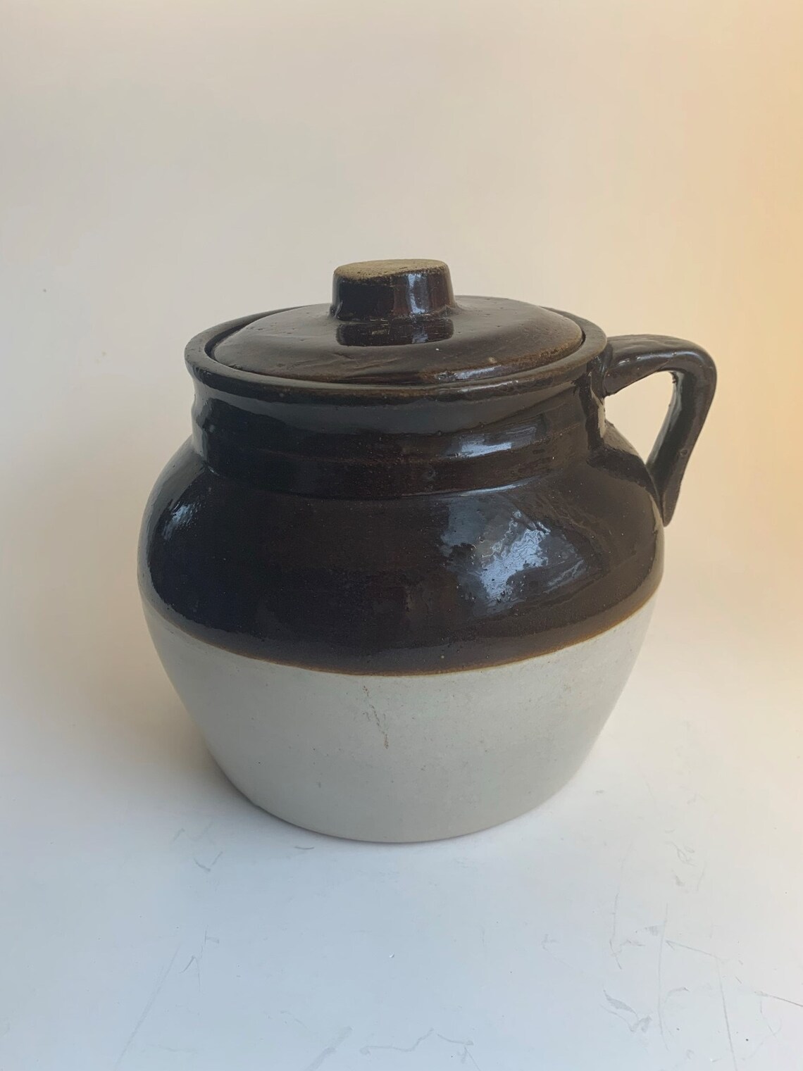 Vintage Brown and White Stoneware Bean Pot # 2 - Etsy