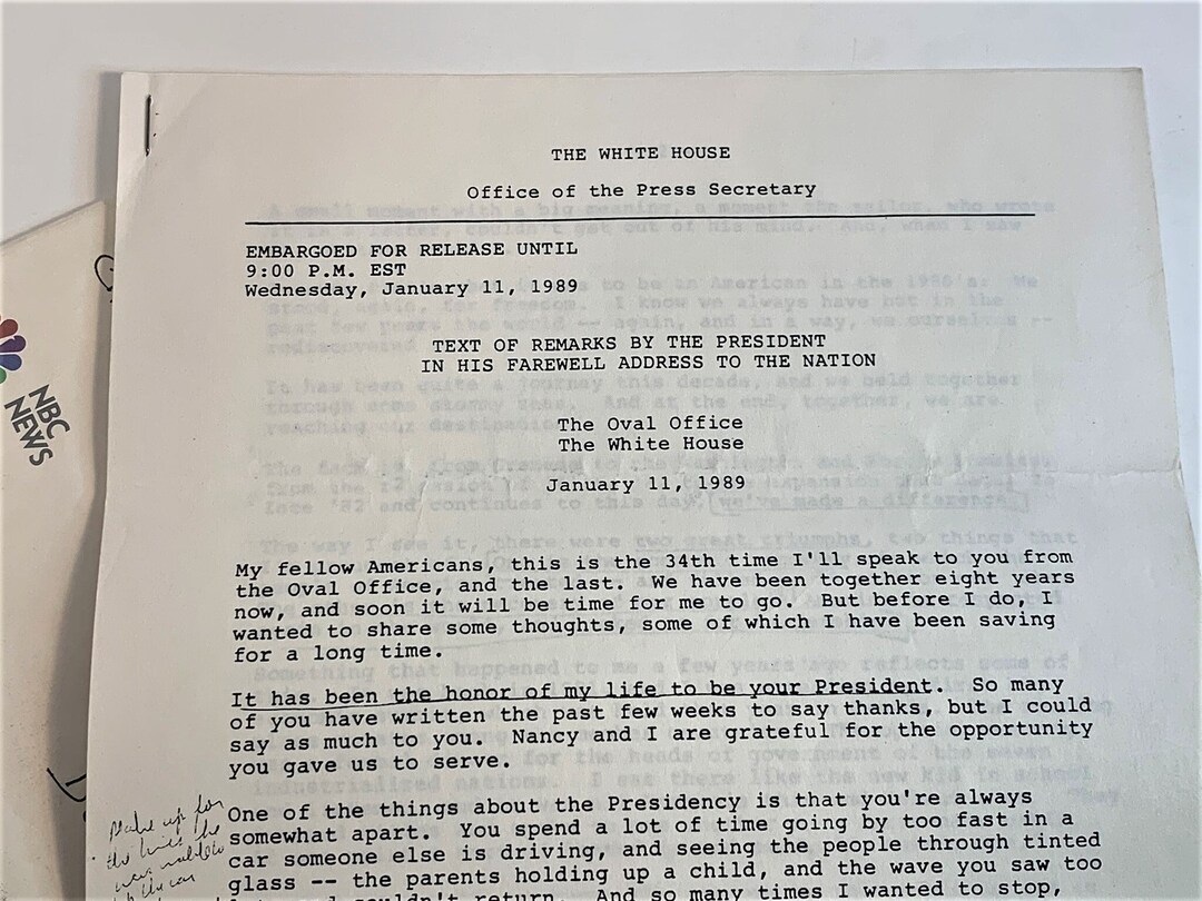 Scarce Ronald Reagan 1989 Embargoed "text of Remarks by the President ...