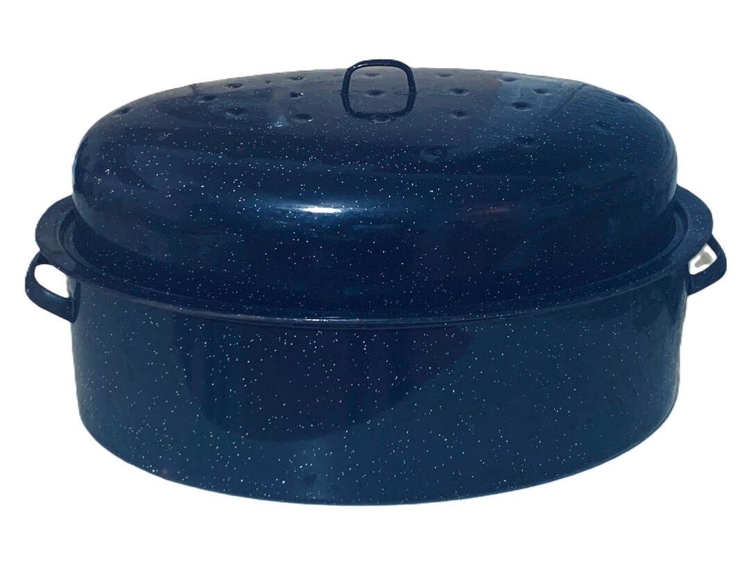 Large Vintage Cobalt Blue Speckled Granite Ware 19" Turkey Roaster ...