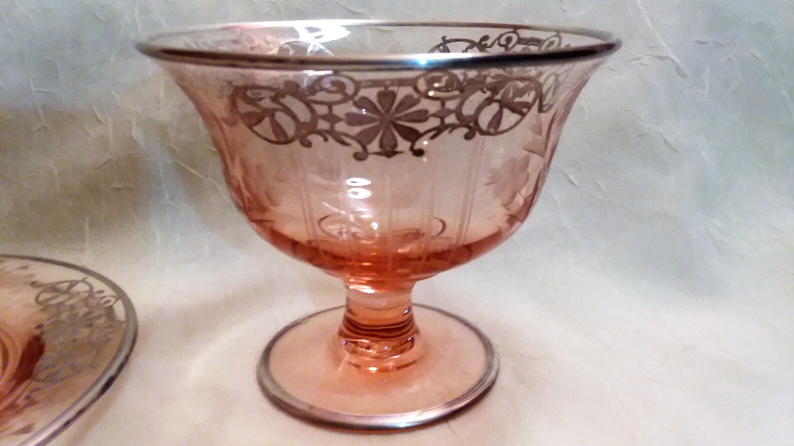 Vintage Pink Etched Glass Compote Dish w/Sterling Overlay / | Etsy