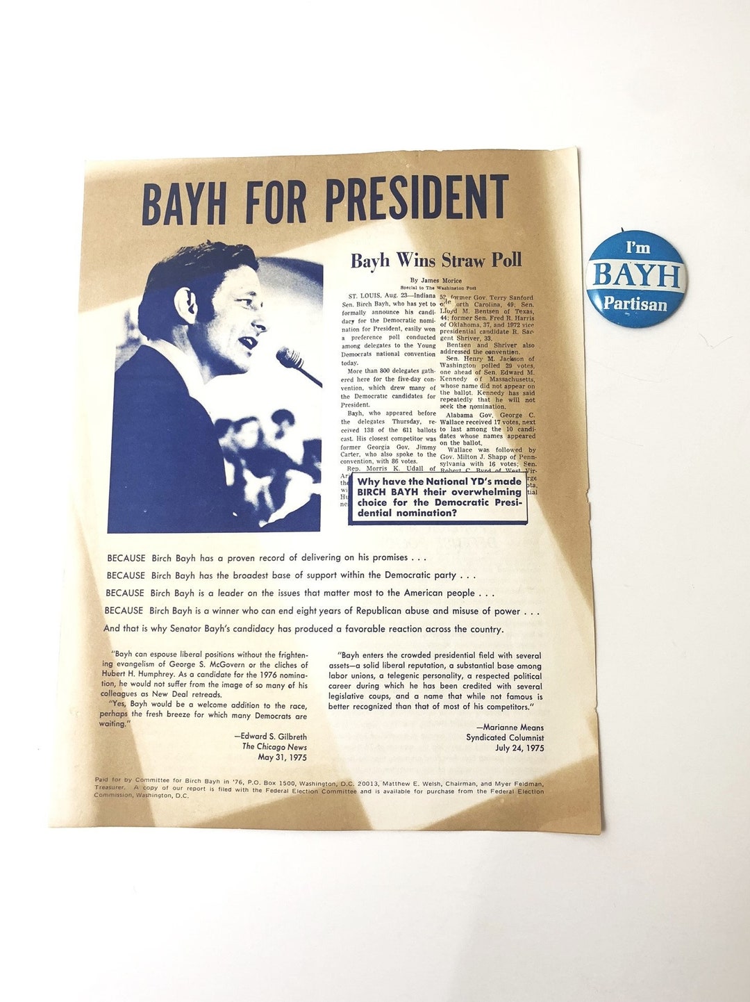 1976 Birch Bayh for President Campaign Flyer and Pin Back Campaign ...