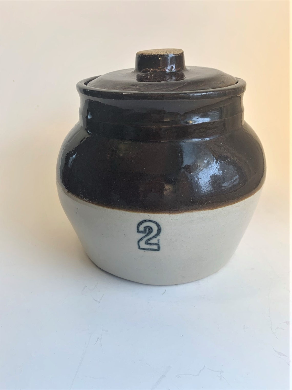 Vintage Brown and White Stoneware Bean Pot 2 | Etsy