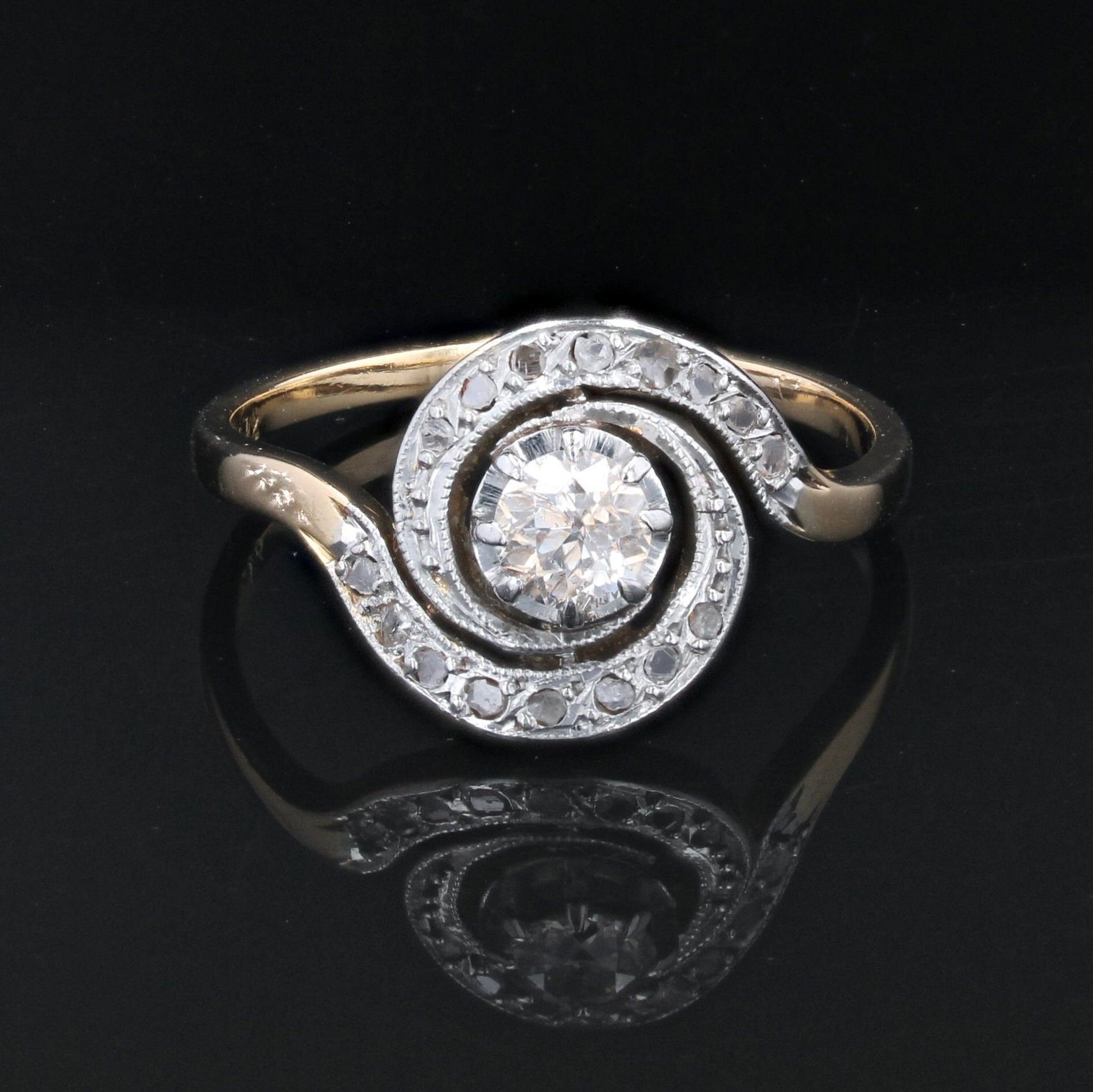 French 1920s Diamond 18 Karat Yellow Gold Platinum Swirl Ring - Etsy