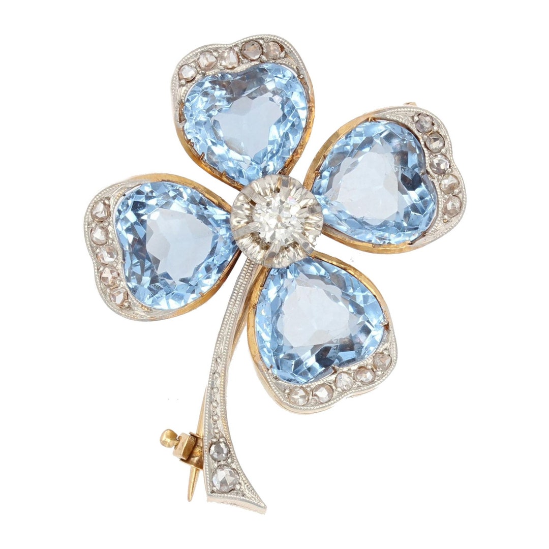 20th Century Blue Spinels Diamonds 18 Karat Yellow Gold Clover Shape ...