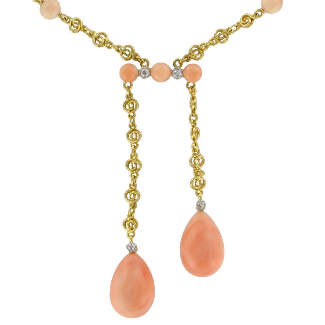 French Belle Époque Coral Angel Skin Diamond Yellow Gold Negligé Necklace Etsy