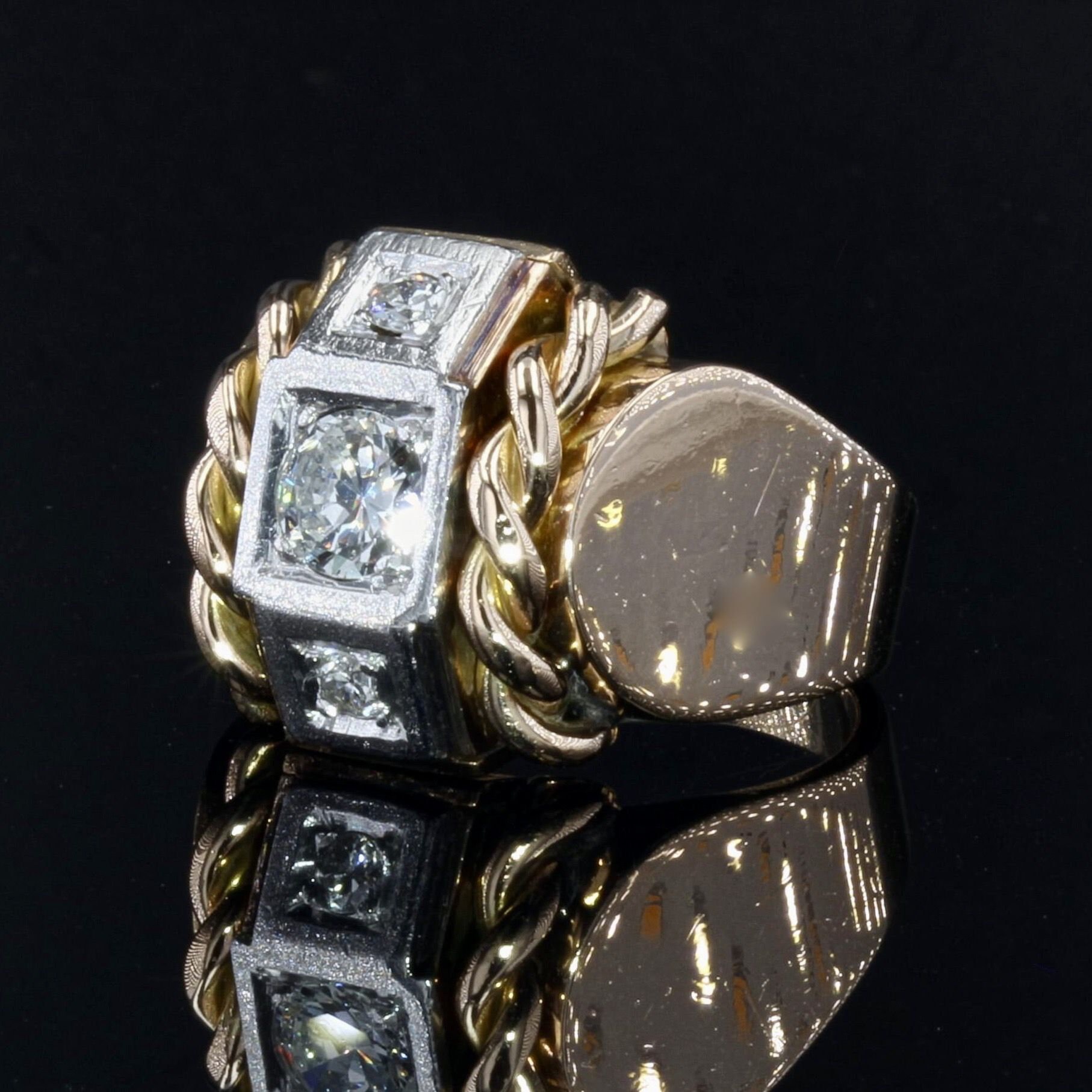 French 1940s Diamonds 18 Karat Yellow Gold Platinum Signet Tank Ring - Etsy