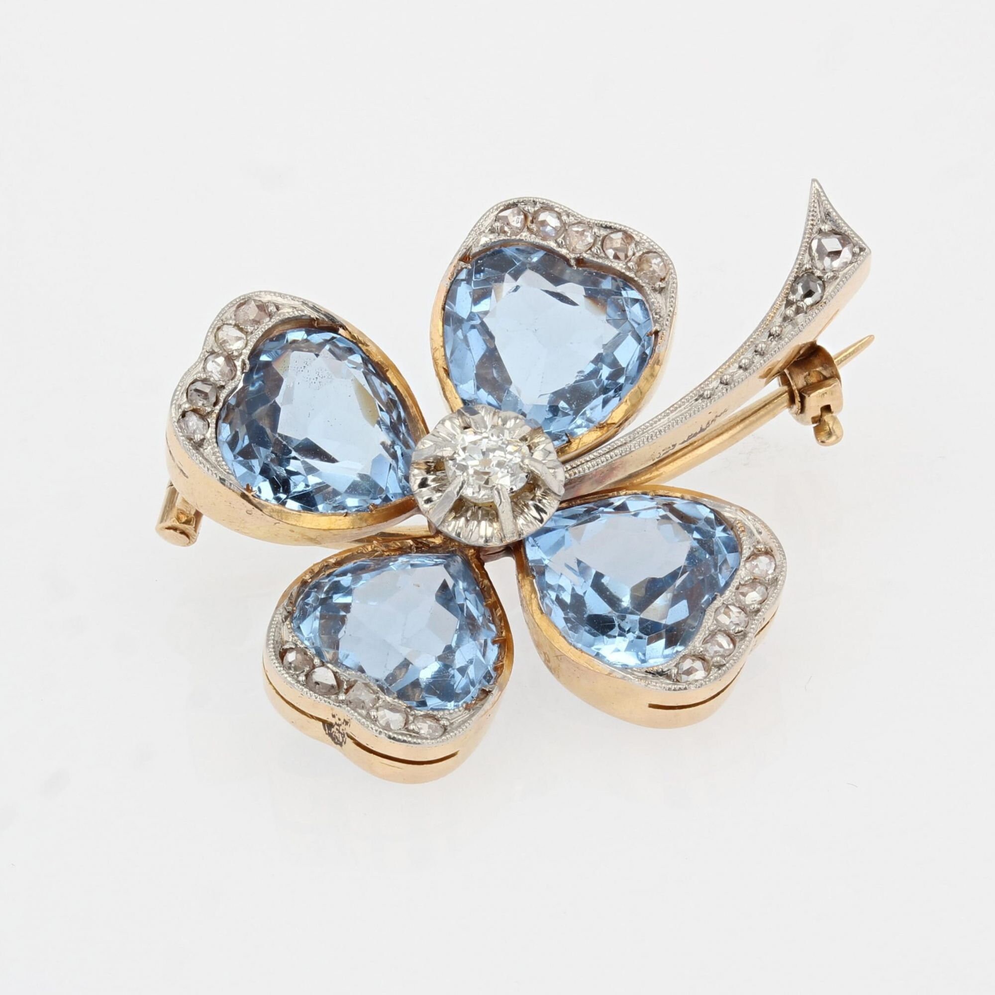 20th Century Blue Spinels Diamonds 18 Karat Yellow Gold Clover Shape ...