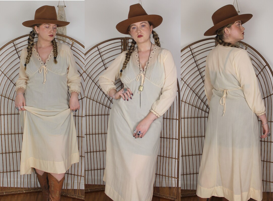 Vintage VTG 90's 1990's Warm Beige Bohemian Floral Gown With Bust Tie ...