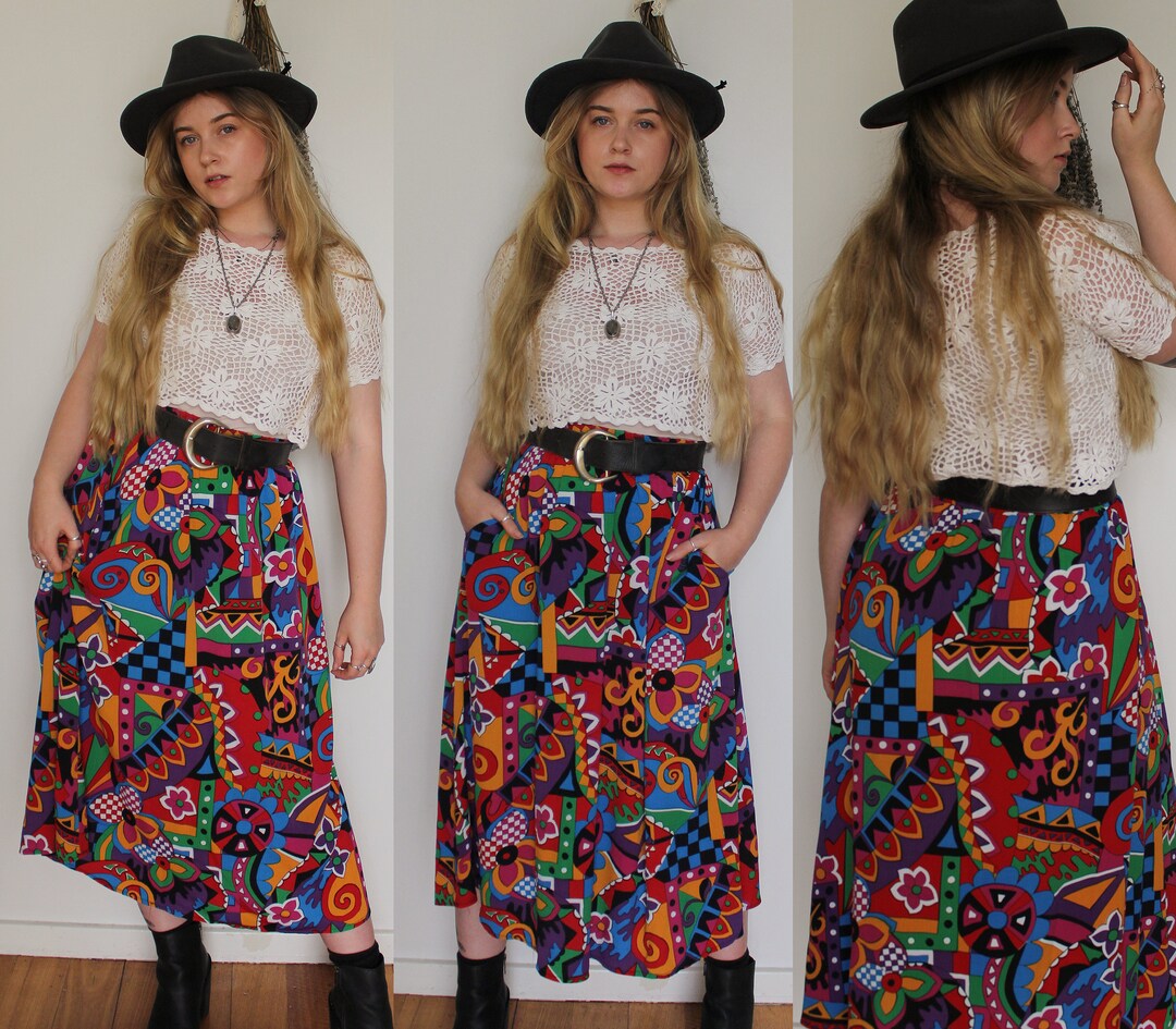 Vintage VTG 80's 1980's Julie Slade Vibrant Pattern Elastic Waist High ...