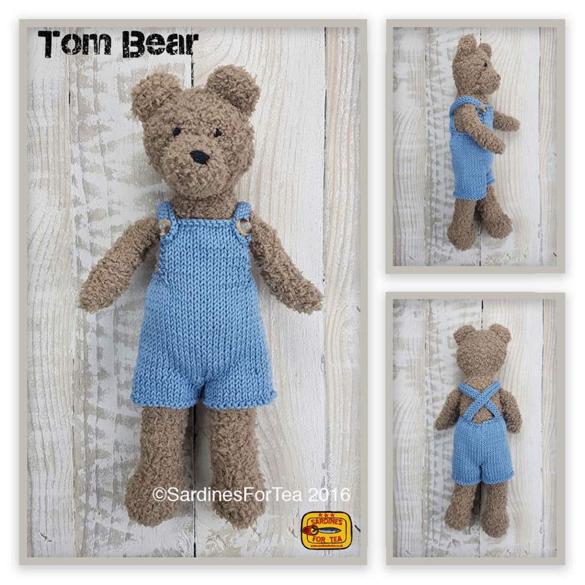 Knitted Toy Knitting Pattern for Tom Bear Teddy in Dungarees | Etsy UK