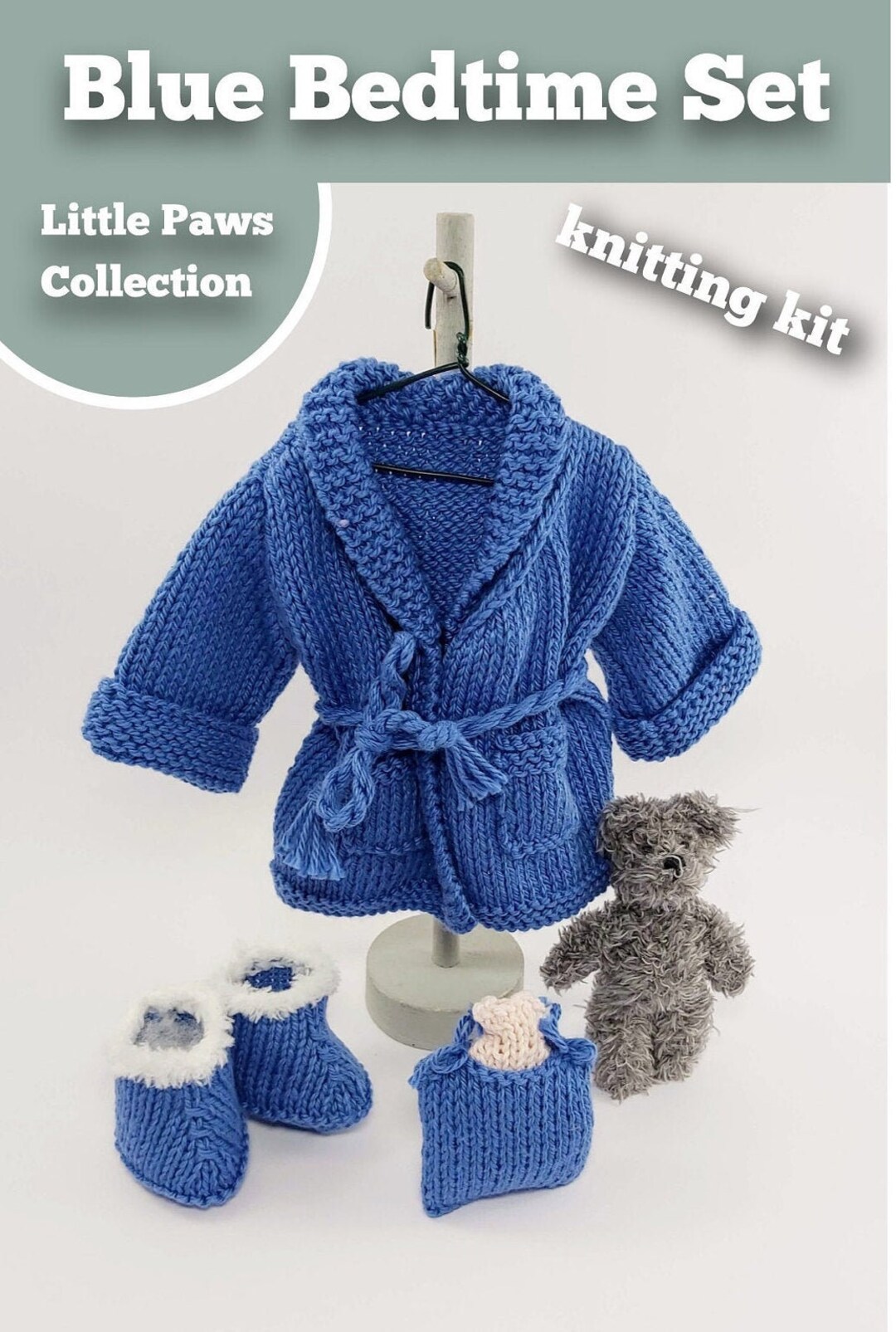 Knitting Kit Blue Bedtime Set. Teddy Bear Bedtime Knitting Kit. Easy to ...