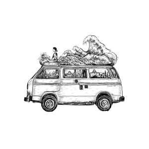 Van + Waves Art Print - Camper Van Art, Hippie Van Art, Beach Van Print ...