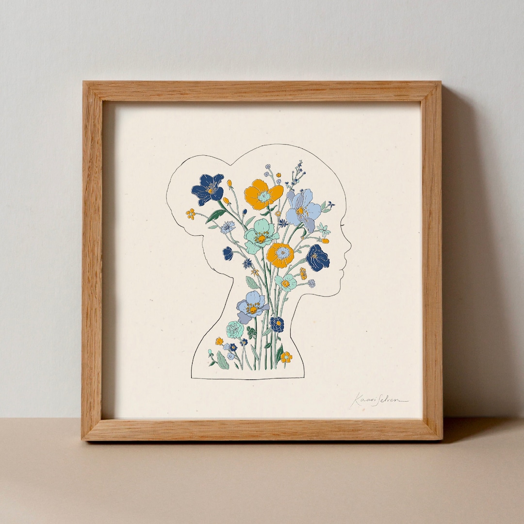 Mindful Bloom Art Print - Wildflower Woman Art, Floral Botanical Print ...