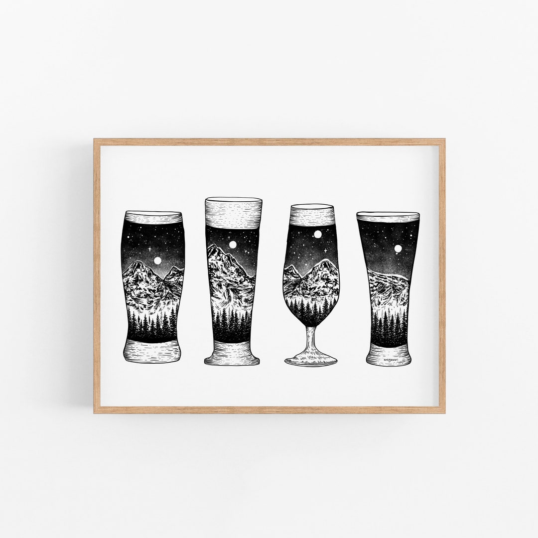 Mountain Beer Glasses Art Print: Craft Beer Decor, Nature Drawing - Etsy